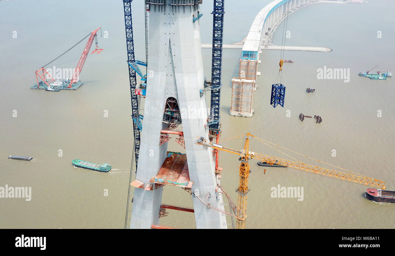 Aerial view of the construction site of the No.28 main pier of the ...