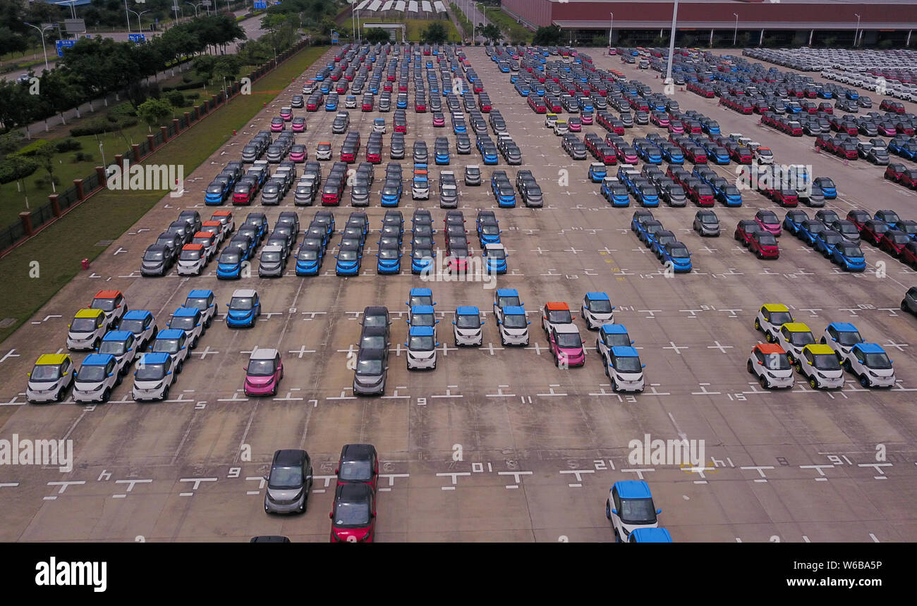 In this aerial view, newly-manufactured Baojun E100 electric compact ...