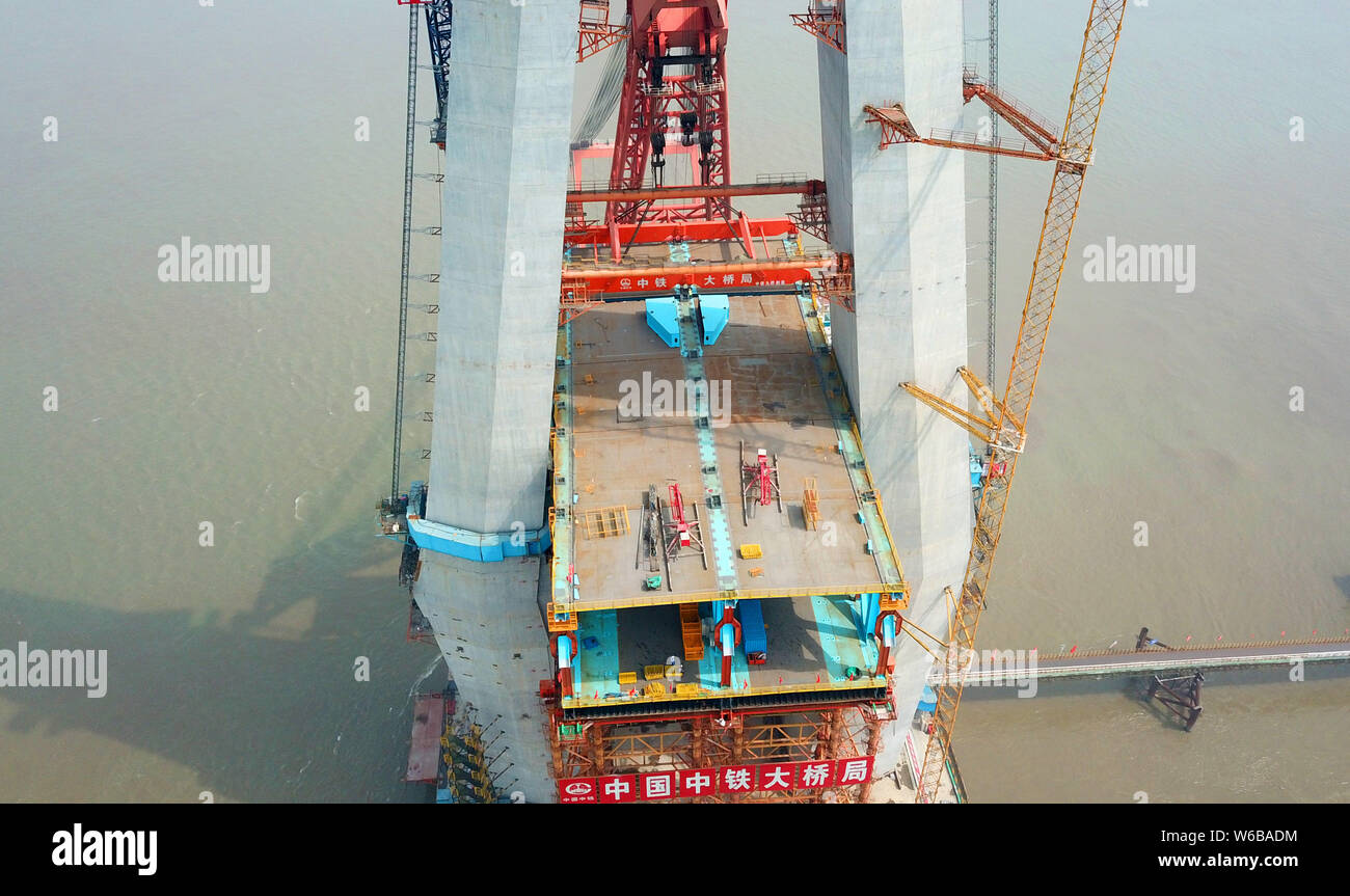 Aerial view of the construction site of the No.28 main pier of the ...