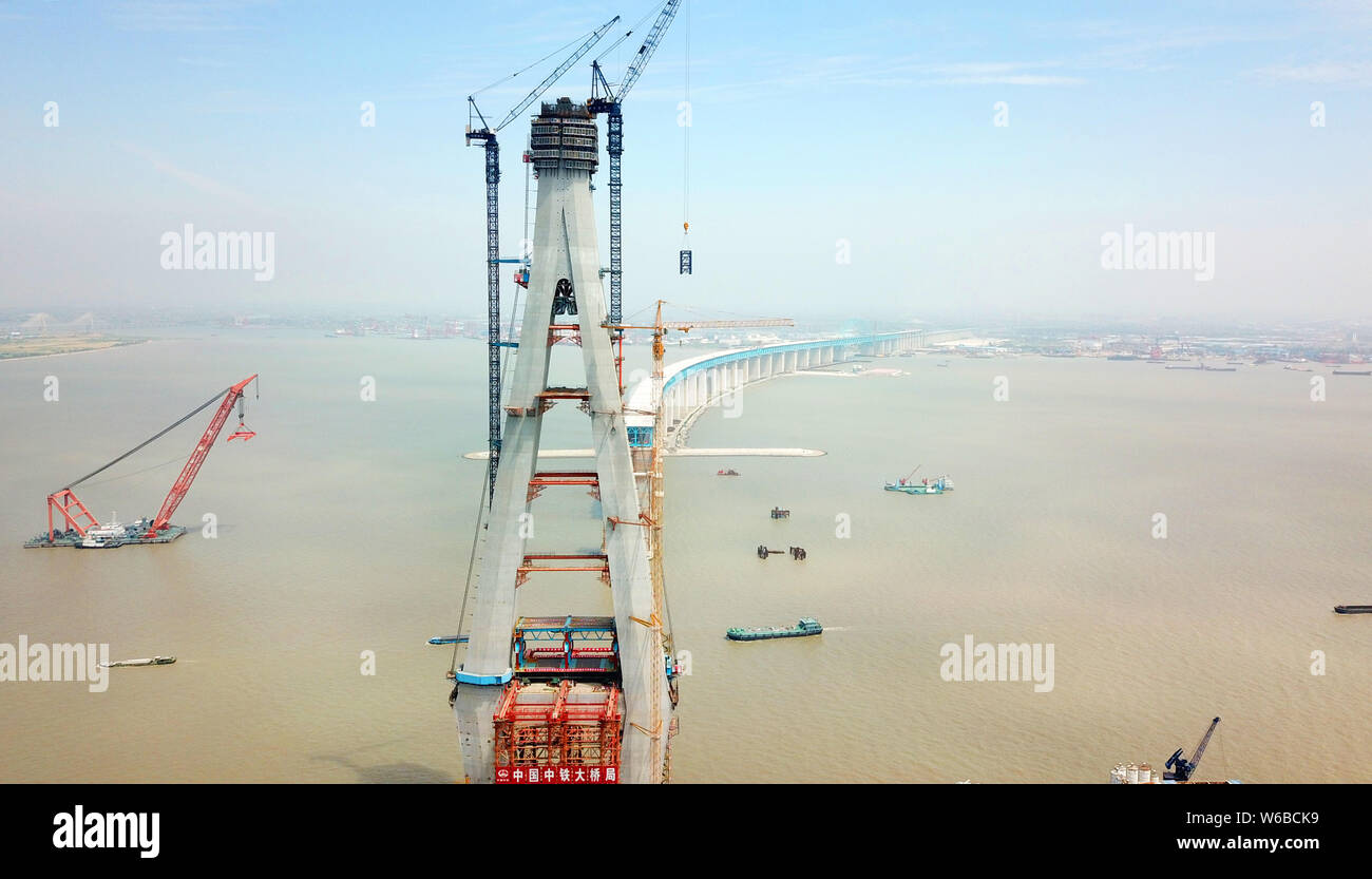 Aerial view of the construction site of the No.28 main pier of the ...