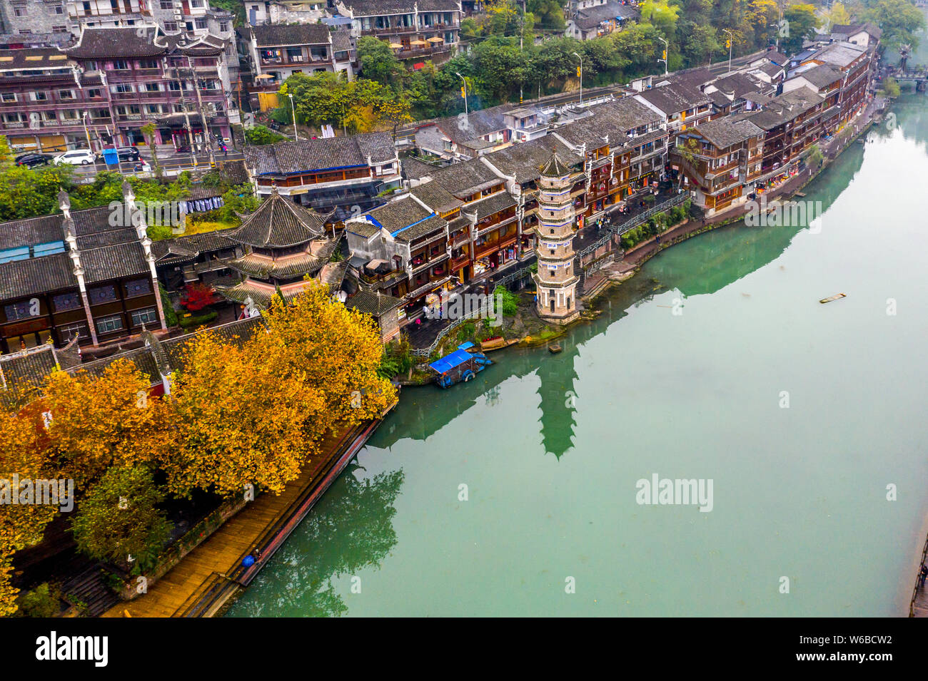 Beautiful aerial angle of Fenghuang ancient town beside TuoJiang river ...