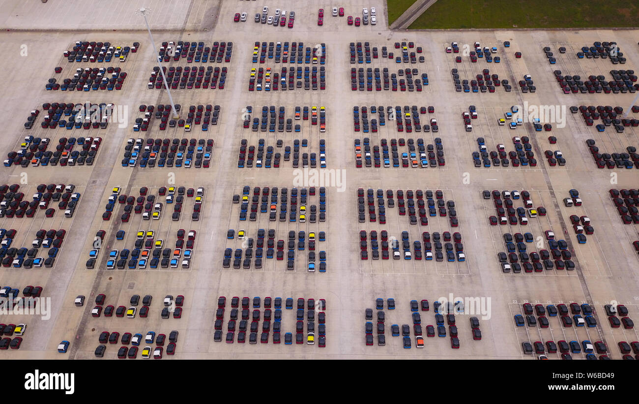 In this aerial view, newly-manufactured Baojun E100 electric compact ...