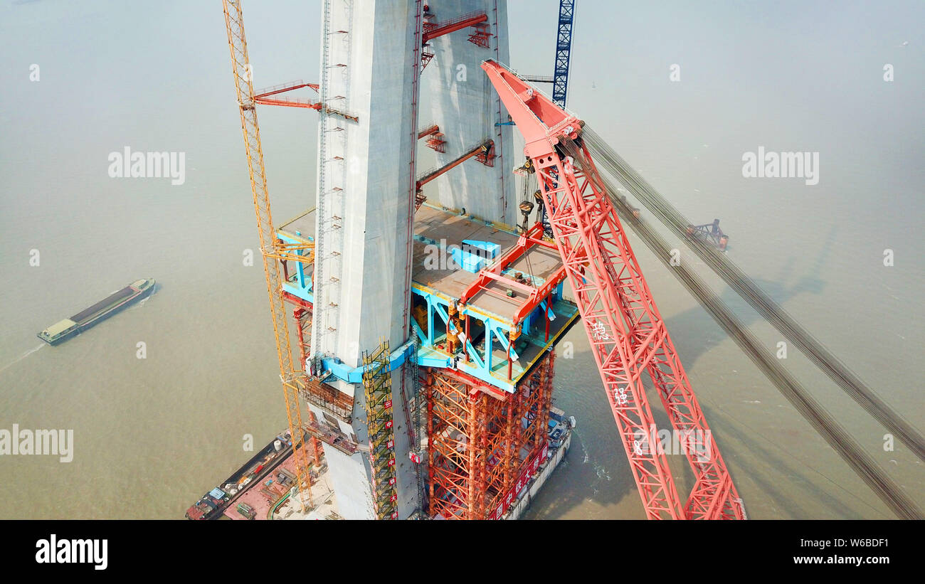 Aerial view of the construction site of the No.28 main pier of the ...