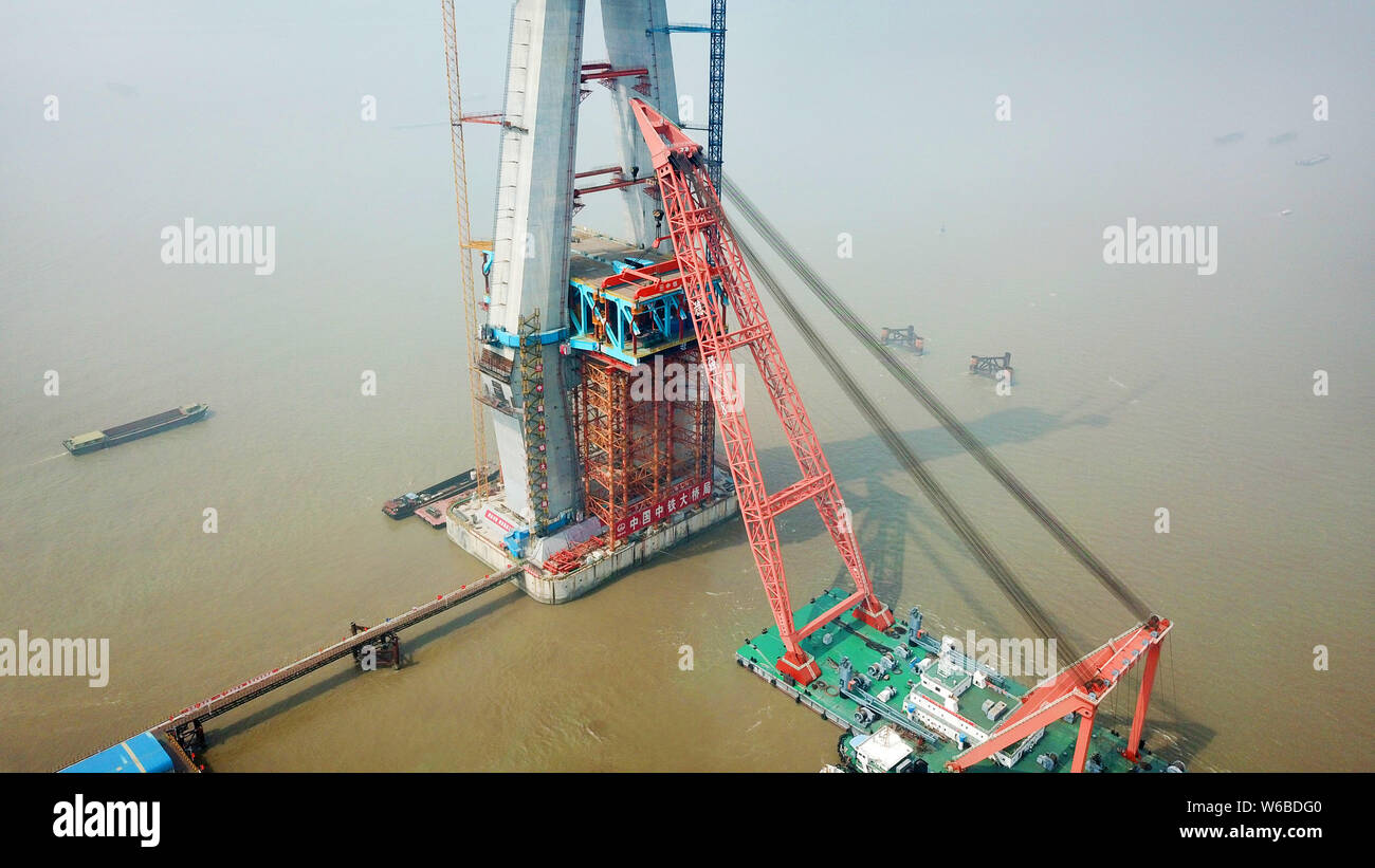 Aerial view of the construction site of the No.28 main pier of the ...