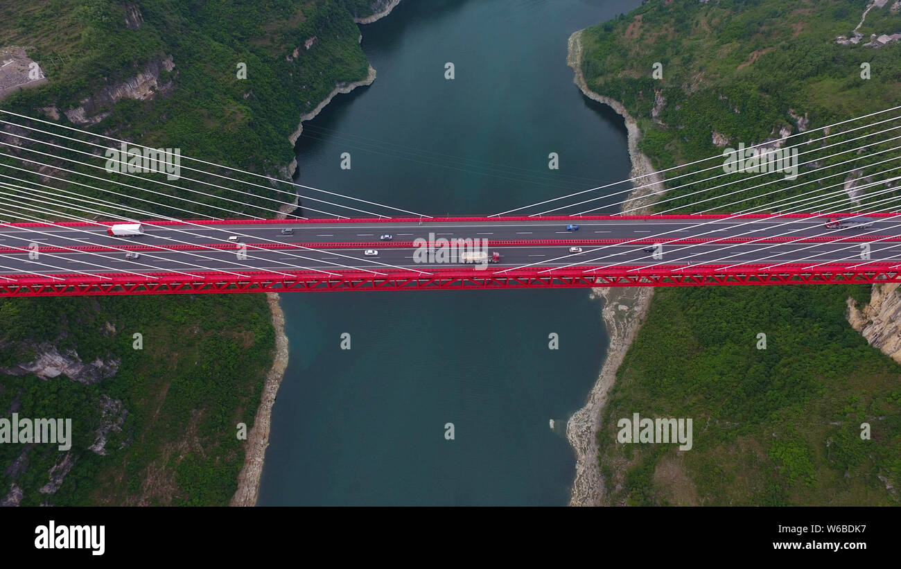 Aerial view of the Yachi River Bridge, one of the longest cable-stayed ...