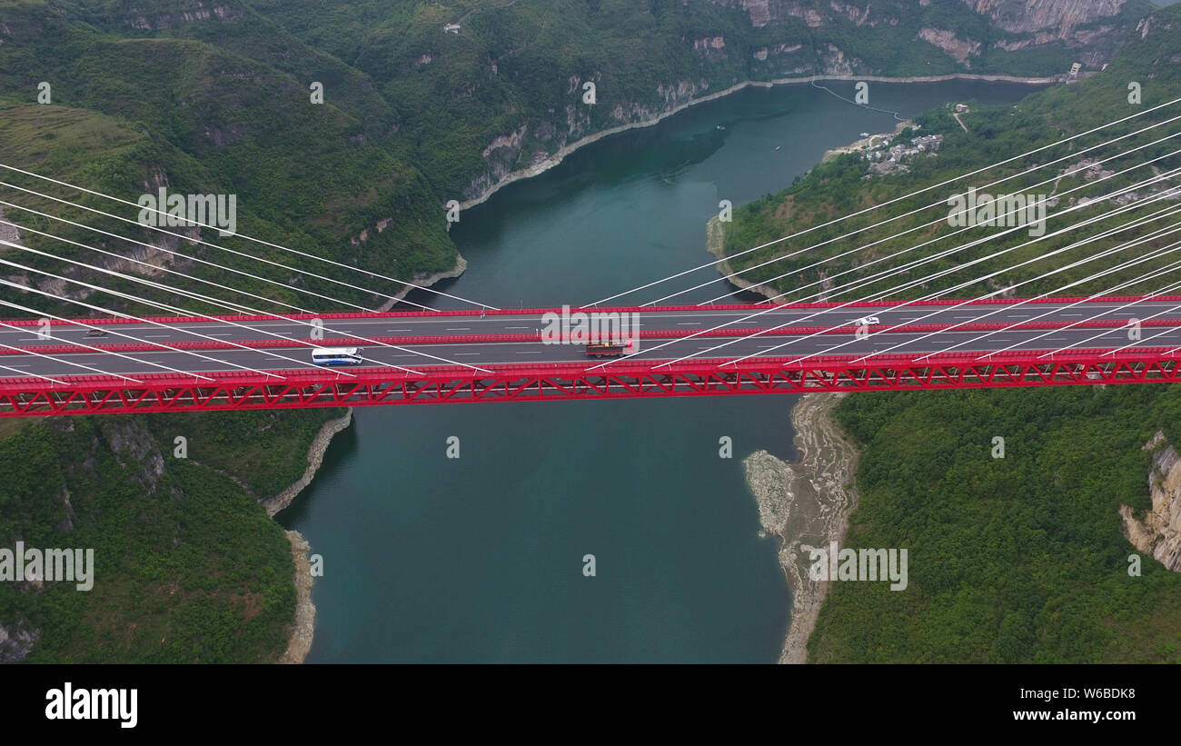 Aerial view of the Yachi River Bridge, one of the longest cable-stayed ...