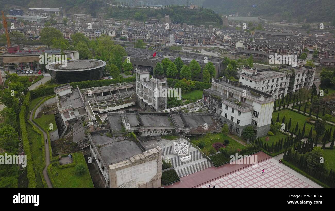 Aerial view of Yingxiu town rebuilt a decade after it was destroyed by ...