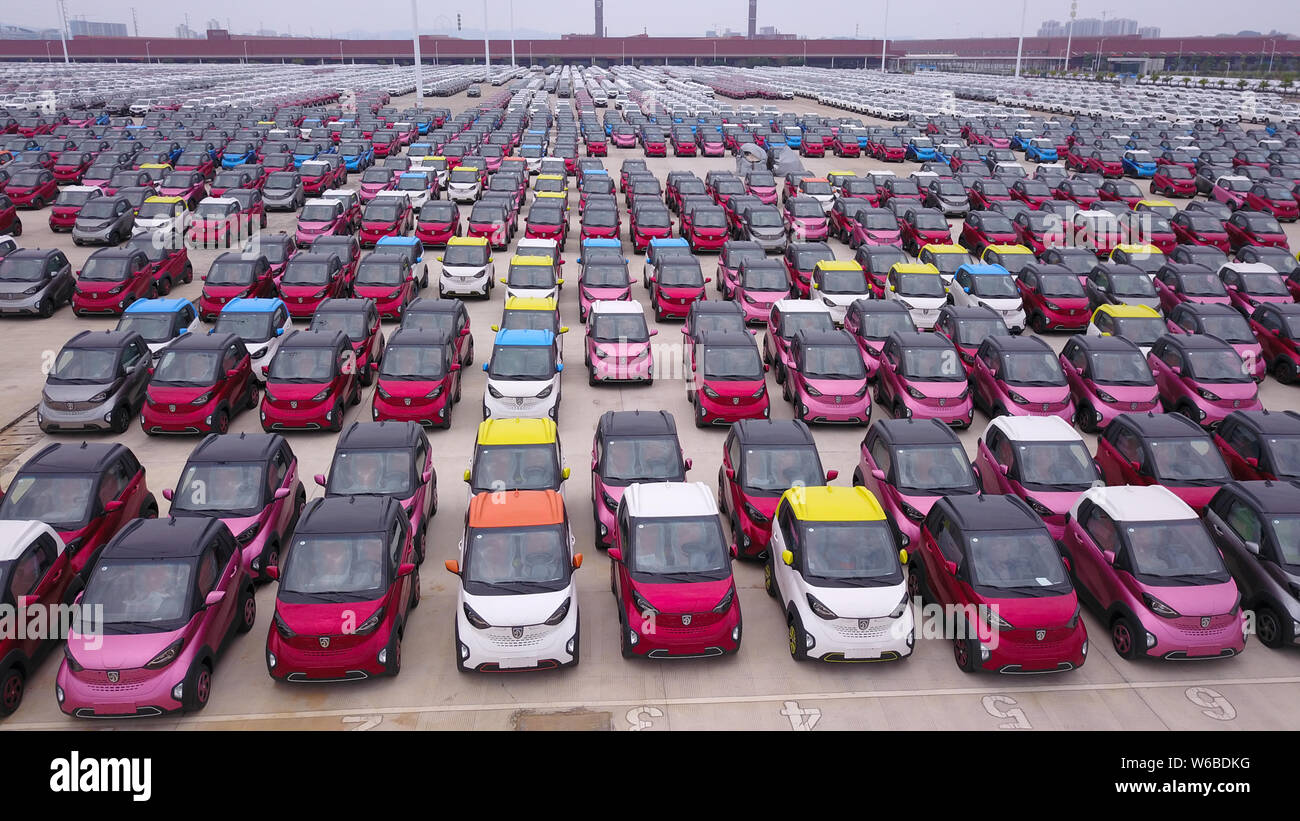 In this aerial view, newly-manufactured Baojun E100 electric compact ...