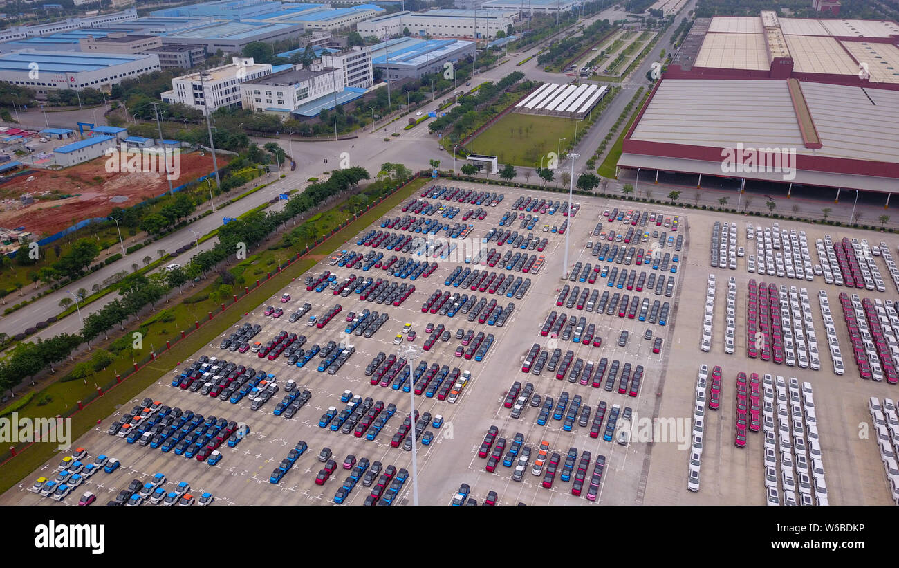 In this aerial view, newly-manufactured Baojun E100 electric compact ...