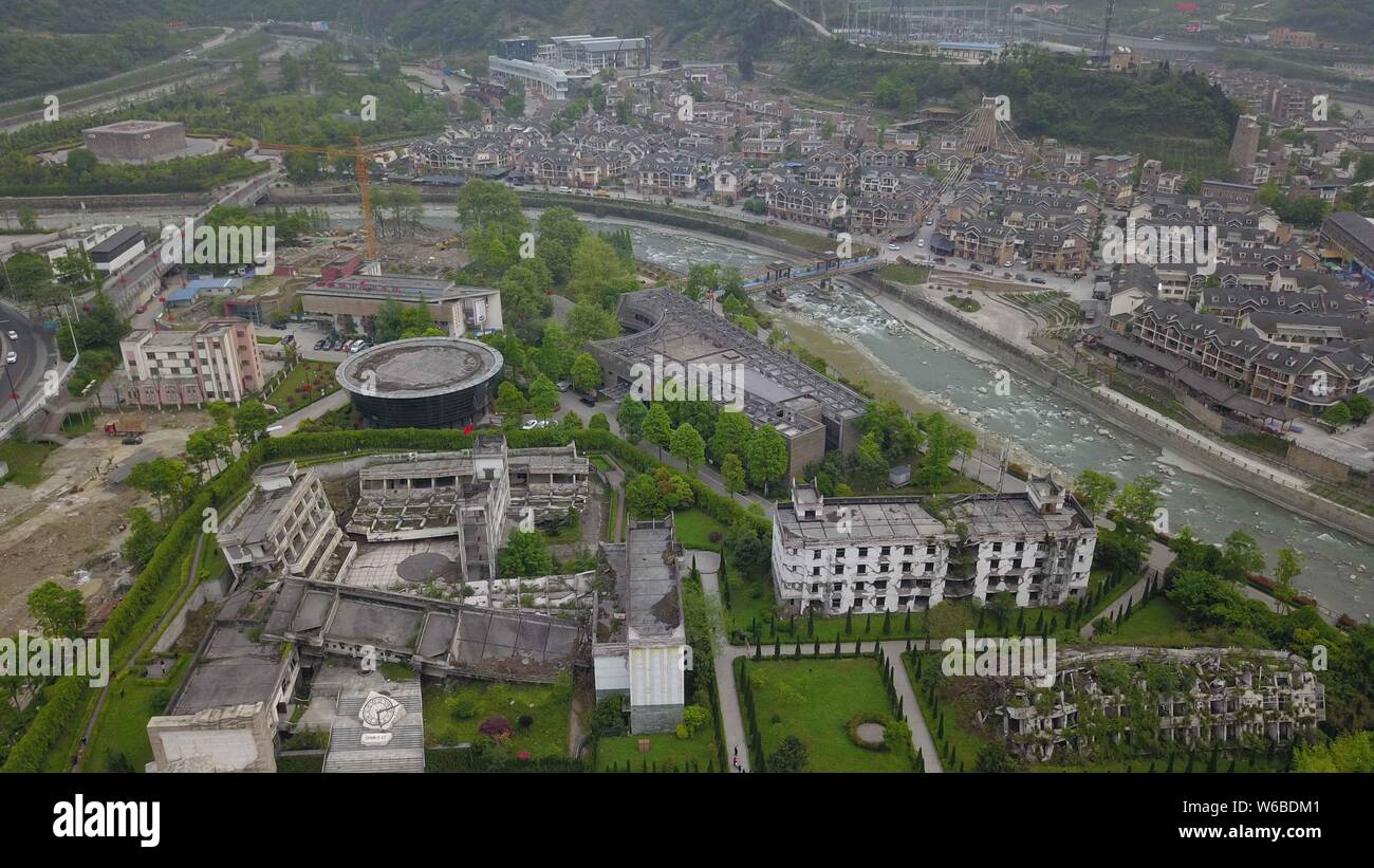 Aerial view of Yingxiu town rebuilt a decade after it was destroyed by ...