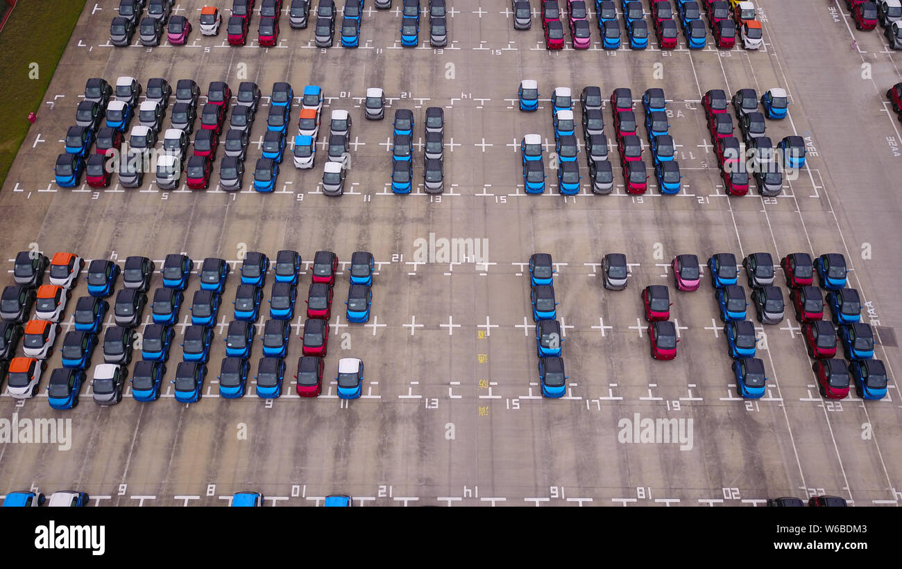 In this aerial view, newly-manufactured Baojun E100 electric compact ...
