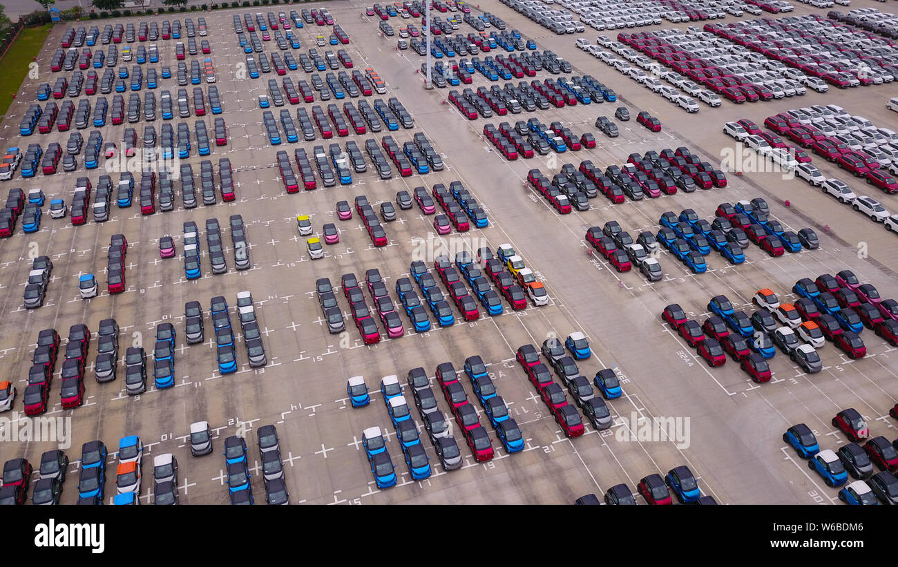 In this aerial view, newly-manufactured Baojun E100 electric compact ...