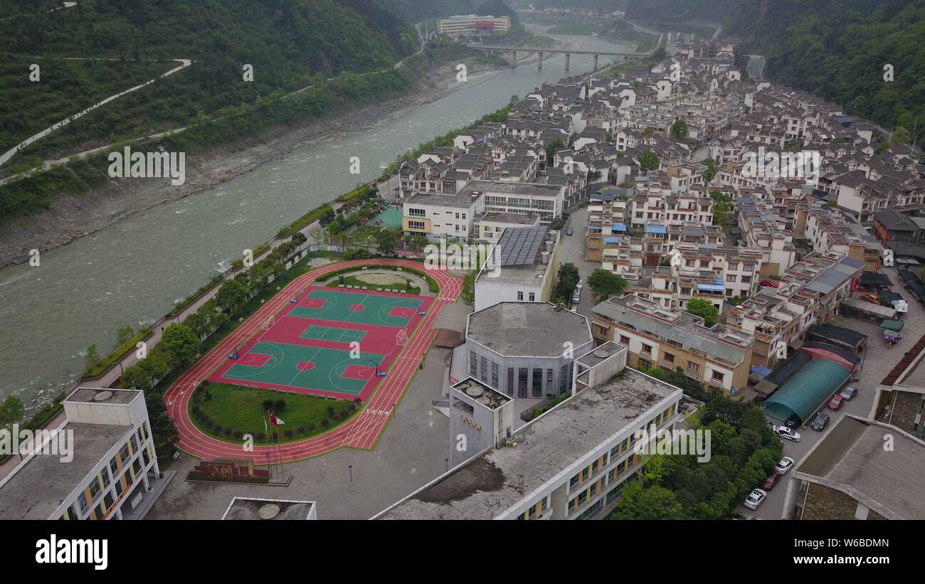 Aerial view of Yingxiu town rebuilt a decade after it was destroyed by ...