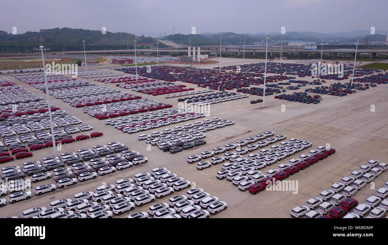 In this aerial view, newly-manufactured Baojun E100 electric compact ...