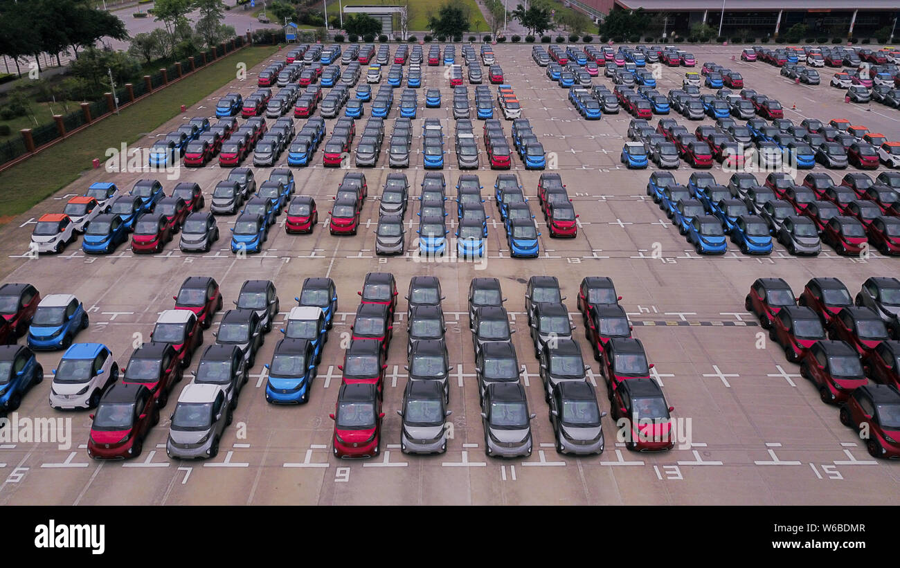 In this aerial view, newly-manufactured Baojun E100 electric compact ...