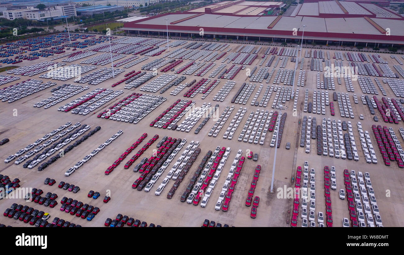 In this aerial view, newly-manufactured Baojun E100 electric compact ...