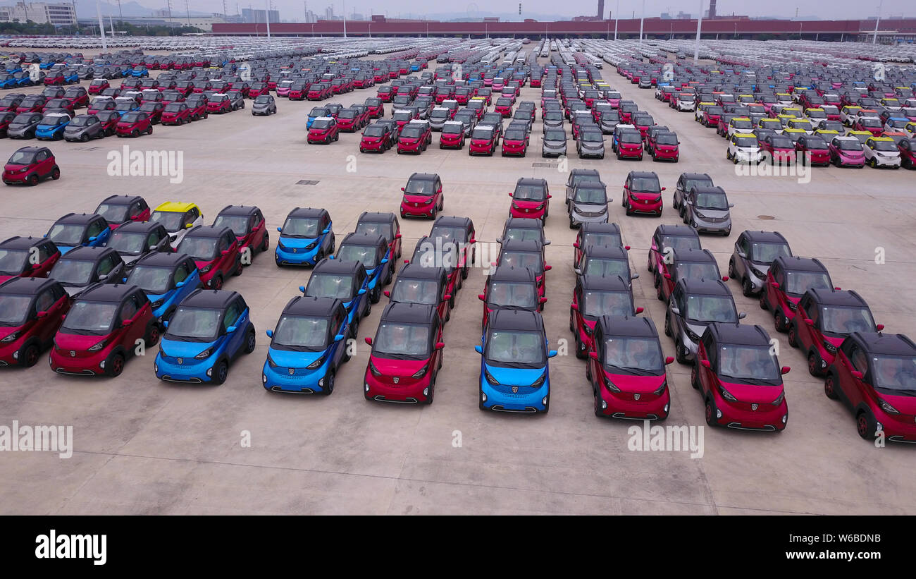In this aerial view, newly-manufactured Baojun E100 electric compact ...