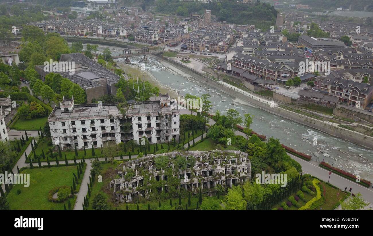 Aerial view of Yingxiu town rebuilt a decade after it was destroyed by ...