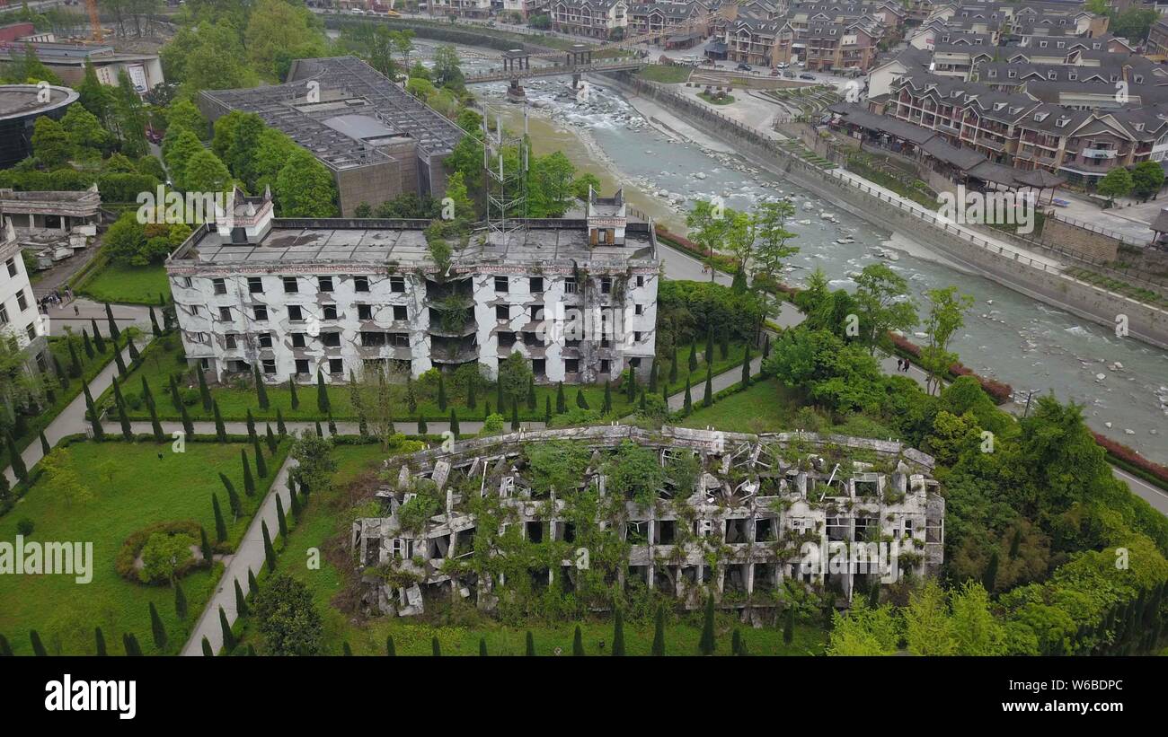 Aerial view of Yingxiu town rebuilt a decade after it was destroyed by ...