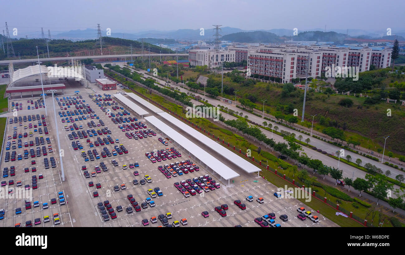 In this aerial view, newly-manufactured Baojun E100 electric compact ...