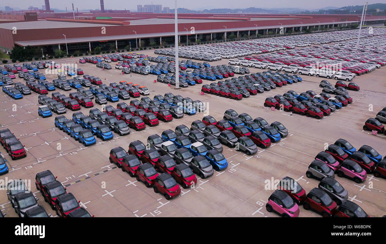 In this aerial view, newly-manufactured Baojun E100 electric compact ...