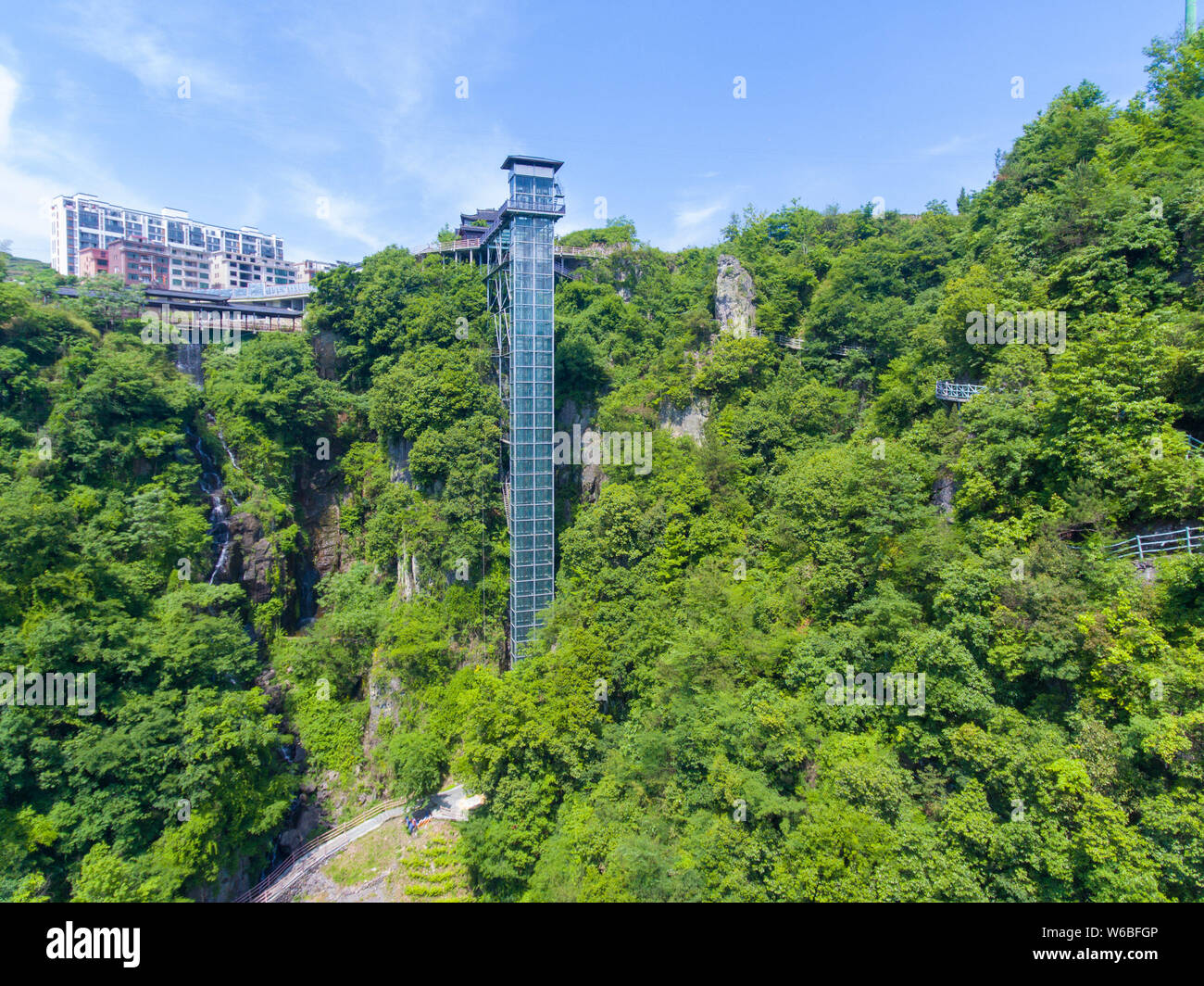 Aerial view of the 5D glass bridge at a scenic spot in Pan'an county ...