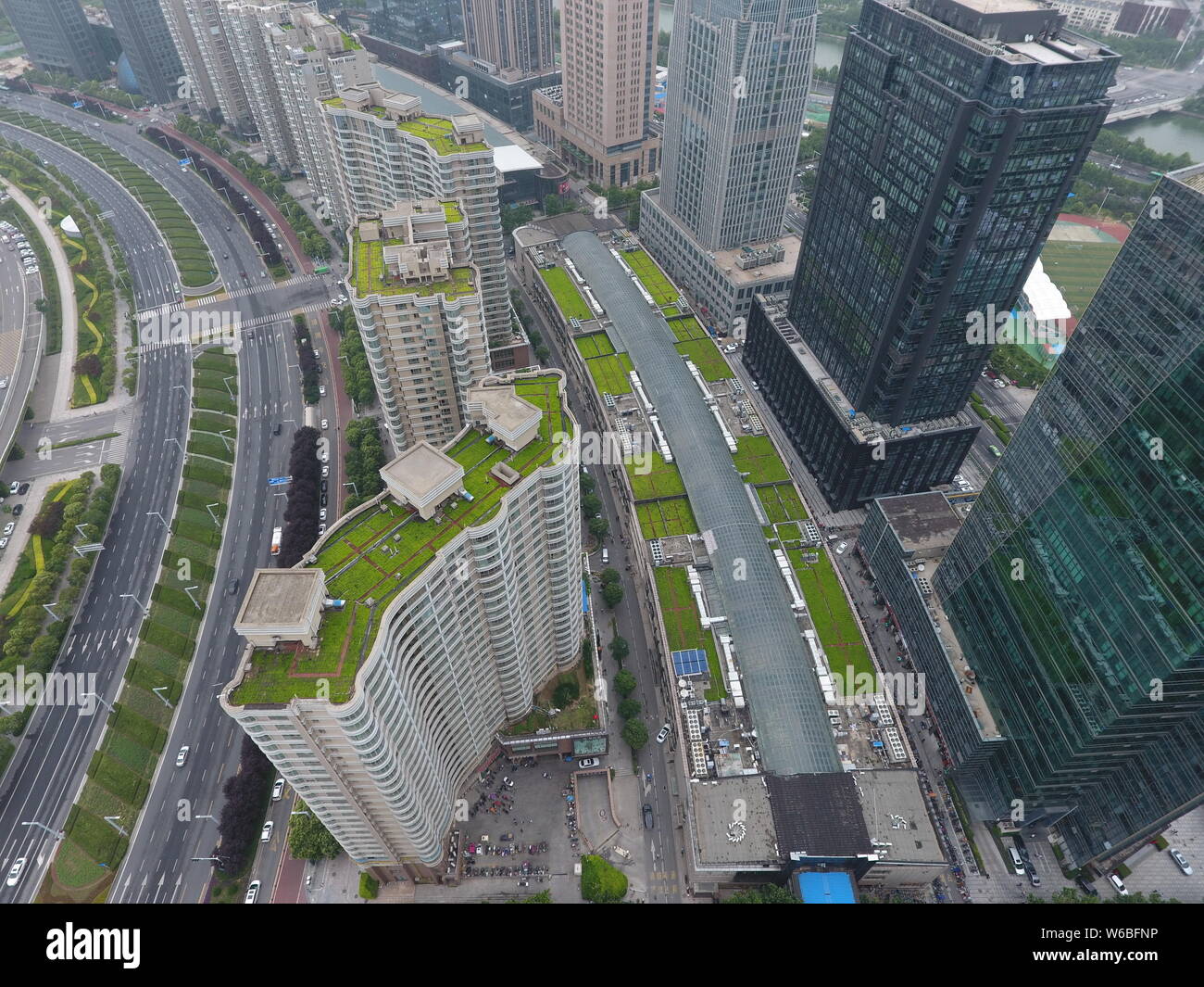 An aerial view of rooftop greening on buildings in Zhengdong New Area ...