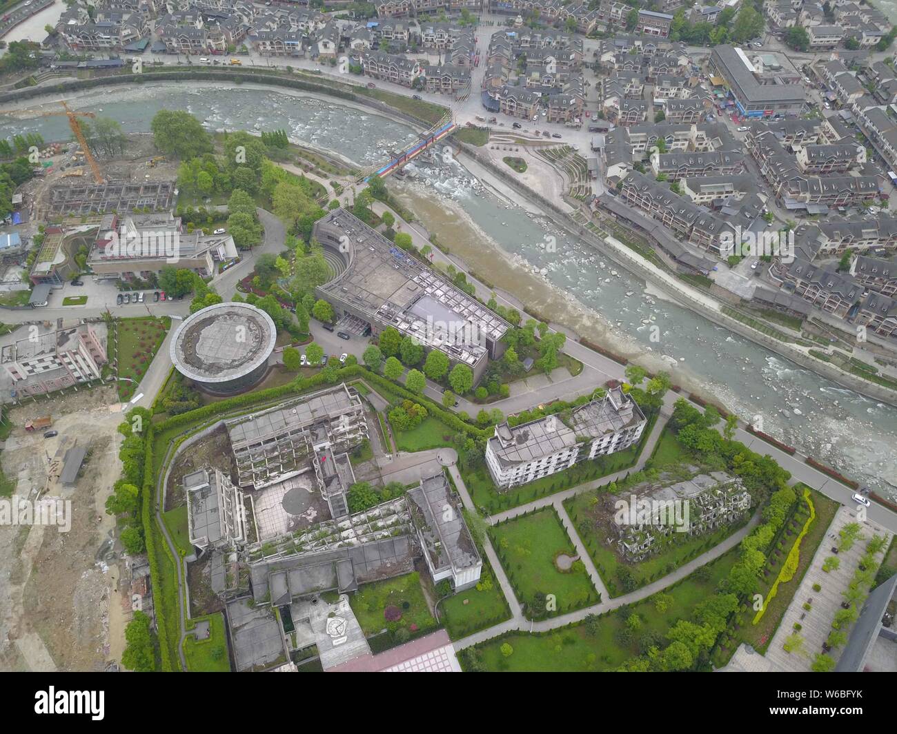 Aerial view of Yingxiu town rebuilt a decade after it was destroyed by ...