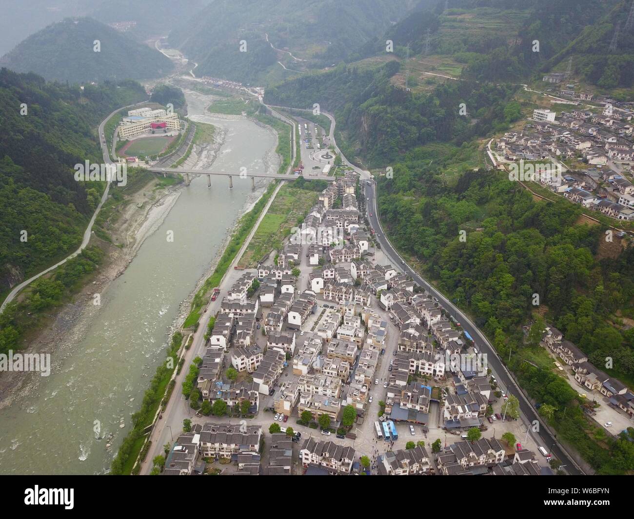 Aerial view of Yingxiu town rebuilt a decade after it was destroyed by ...