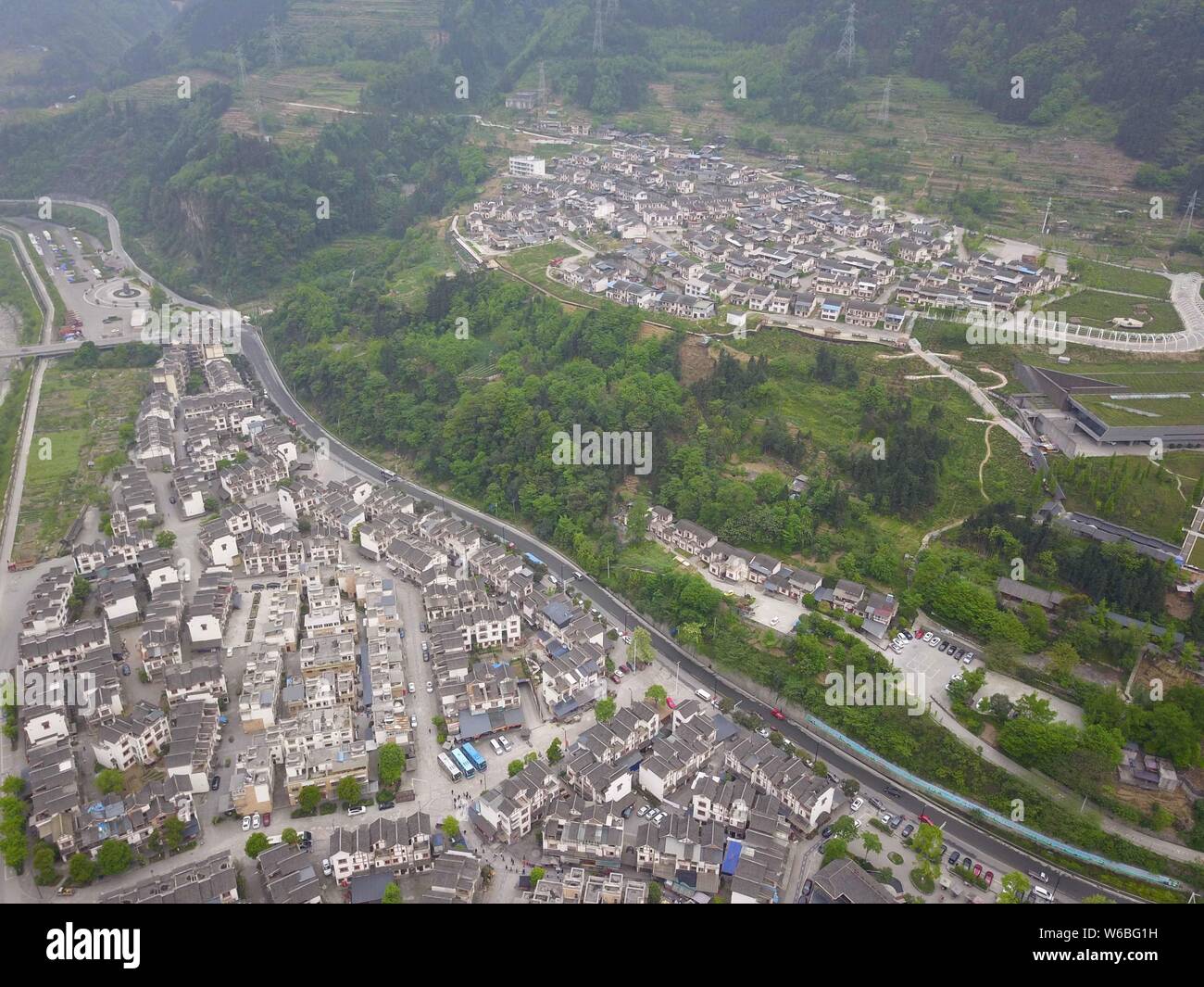 Aerial view of Yingxiu town rebuilt a decade after it was destroyed by ...