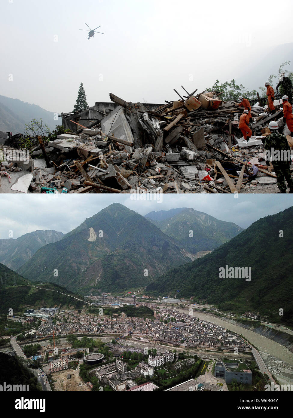 This composite photo shows Yingxiu town after it was destroyed by the 8 ...