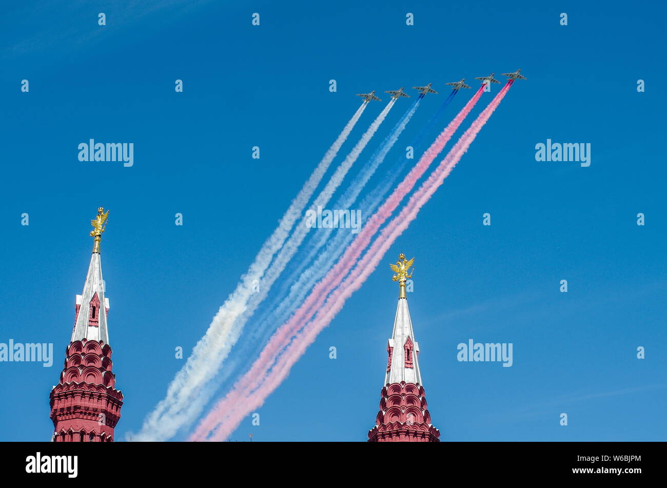 Aerobatic aircrafts of Russian Air Force perform over the Red Square ...
