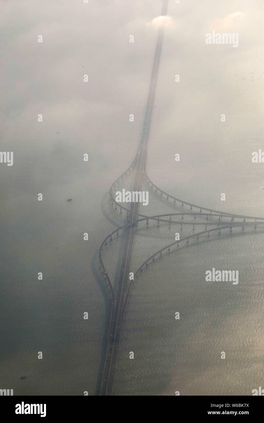 Aerial view of the Jiaozhou Bay Bridge or Qingdao Haiwan Bridge, a part ...