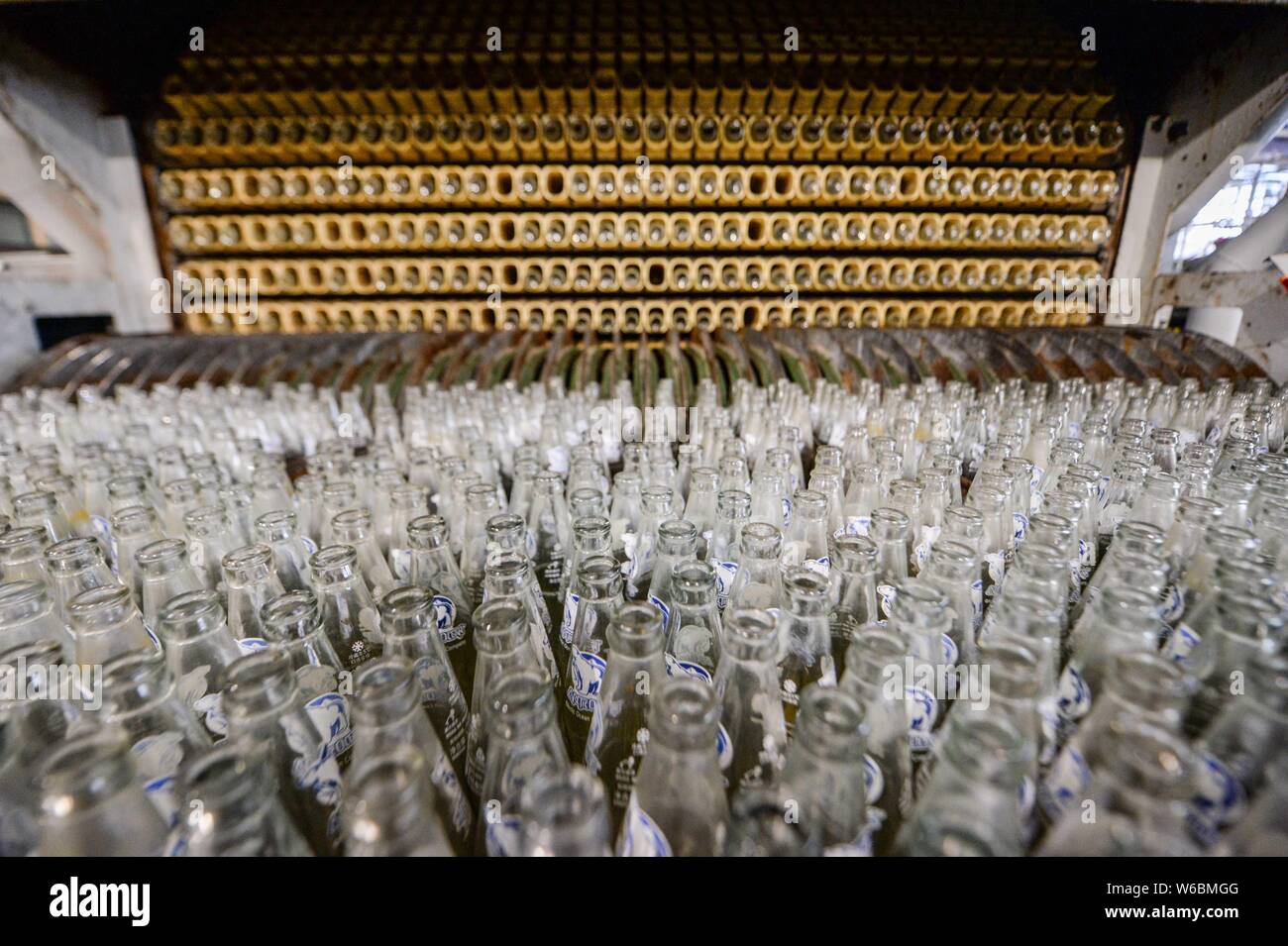 Bottles of orange soda are being cleaned and disinfected on the ...