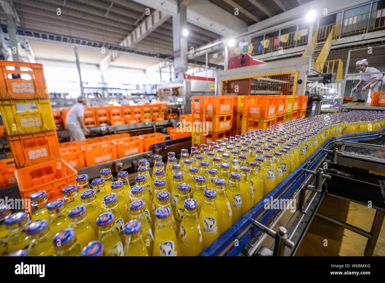 Bottles of orange soda are being produced on the assembly line at the ...