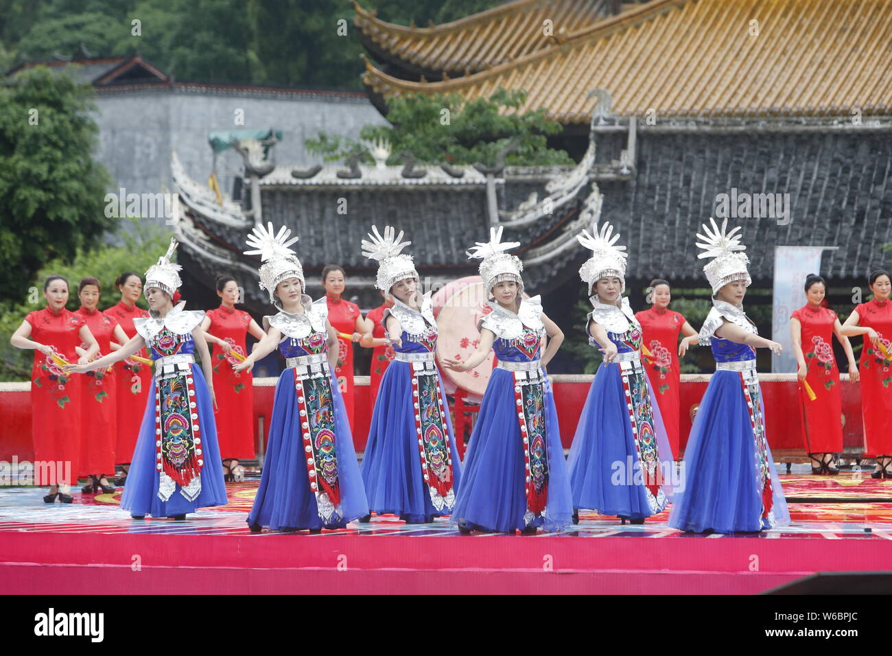 Chinese people of Miao ethnic group dressed in traditional costumes ...