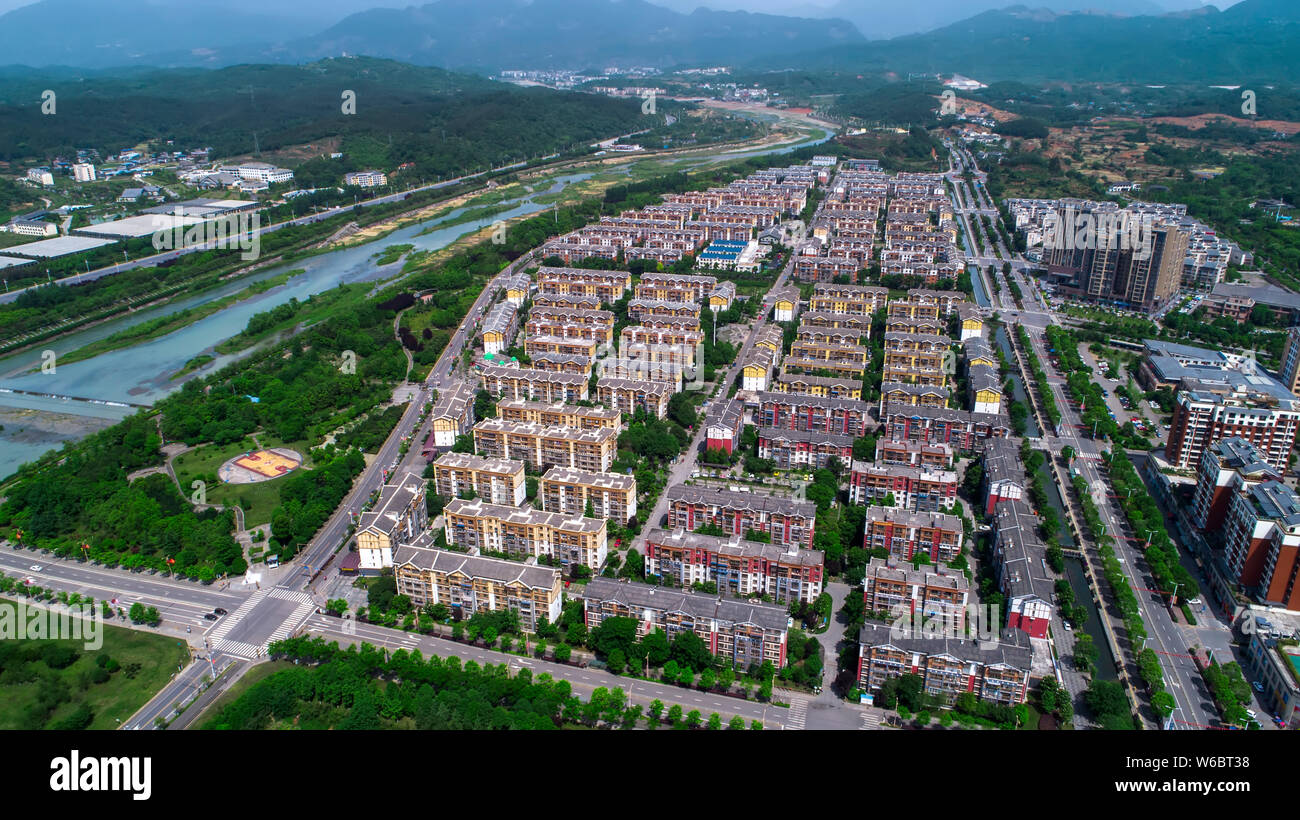Aerial view of the new Beichuan County rebuilt a decade after it was ...