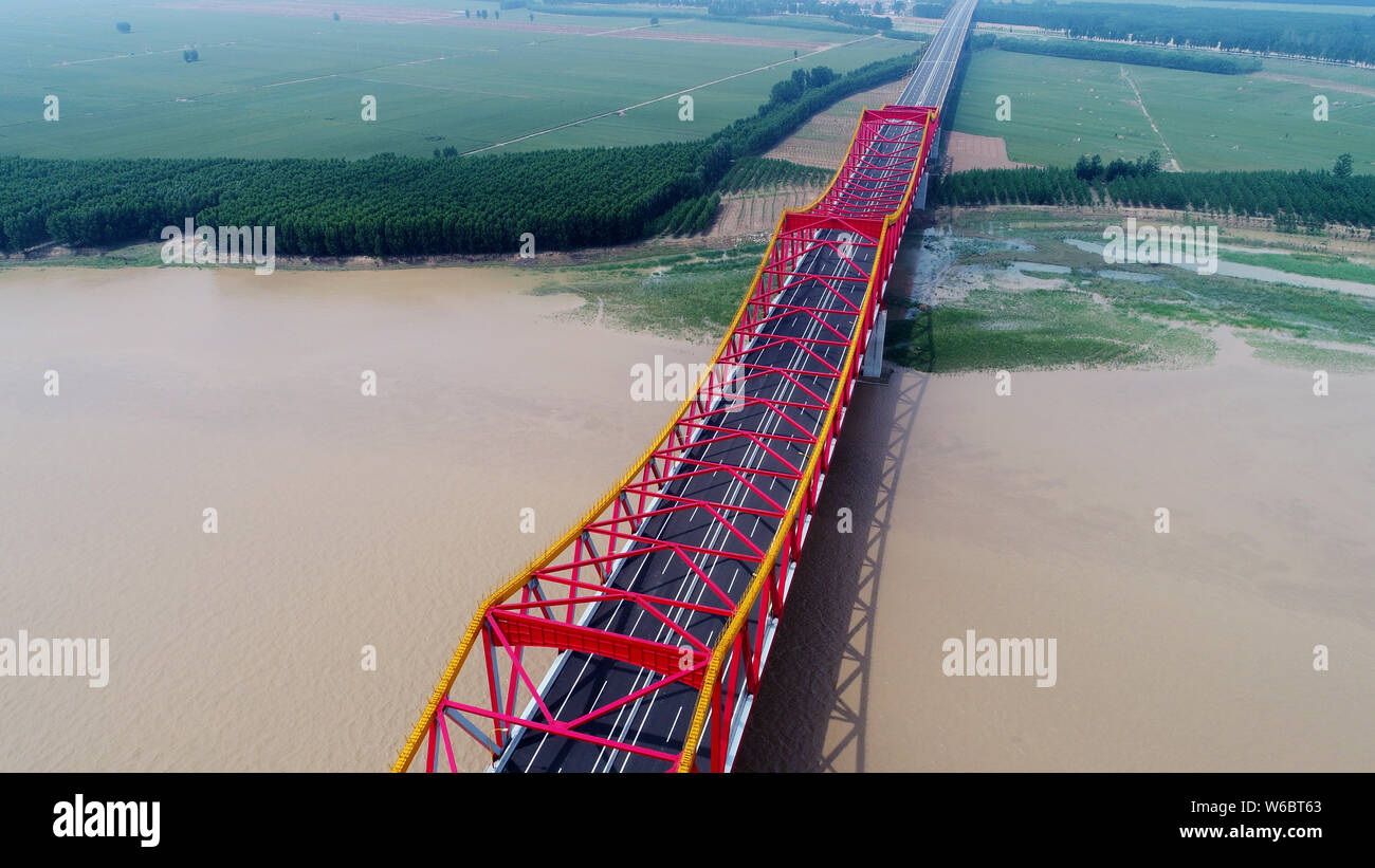 Aerial view of the Changqing Yellow River Highway Bridge in Ji'nan city ...