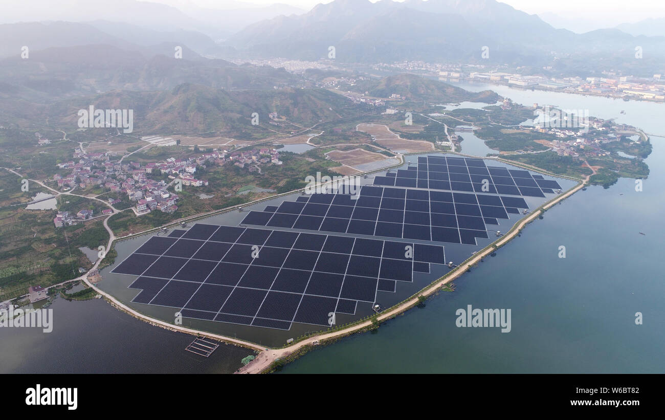 --FILE--Aerial view of a floating solar energy farm at a photovoltaic ...