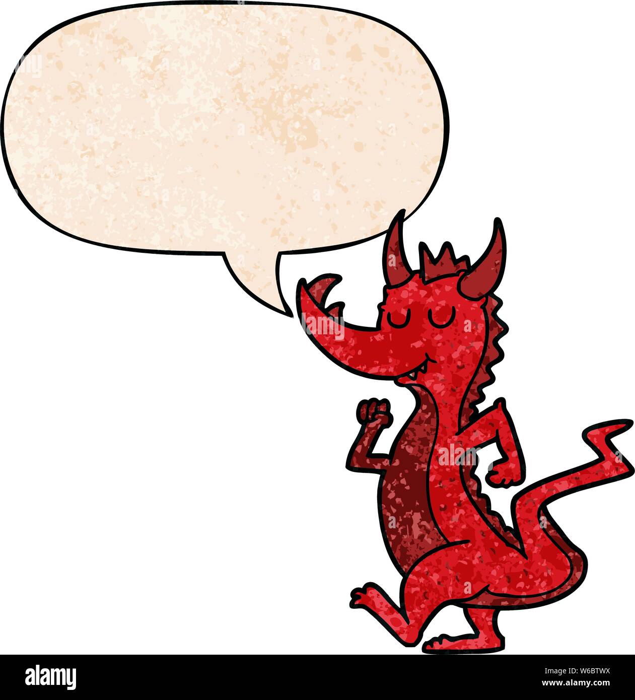 cartoon cute dragon with speech bubble in retro texture style Stock ...