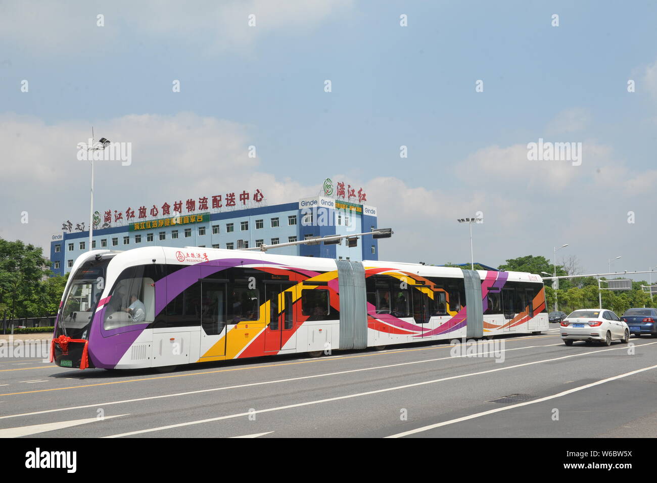 A railless train, developed by the CRRC Zhuzhou Institute Co. Ltd, runs ...