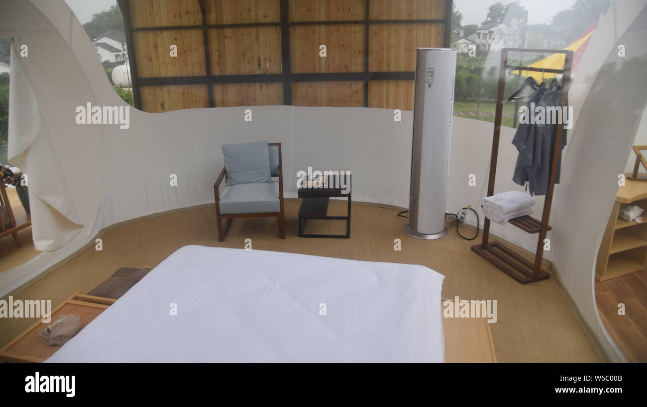Interior view of one of the 12 see-through inflatable bubble rooms set ...