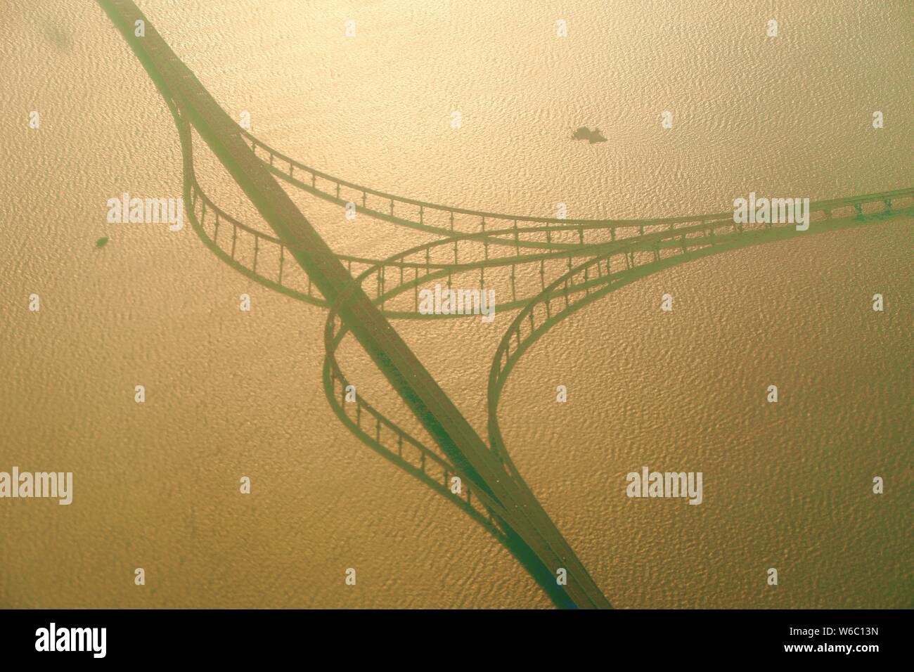 Aerial view of the Jiaozhou Bay Bridge or Qingdao Haiwan Bridge, a part ...