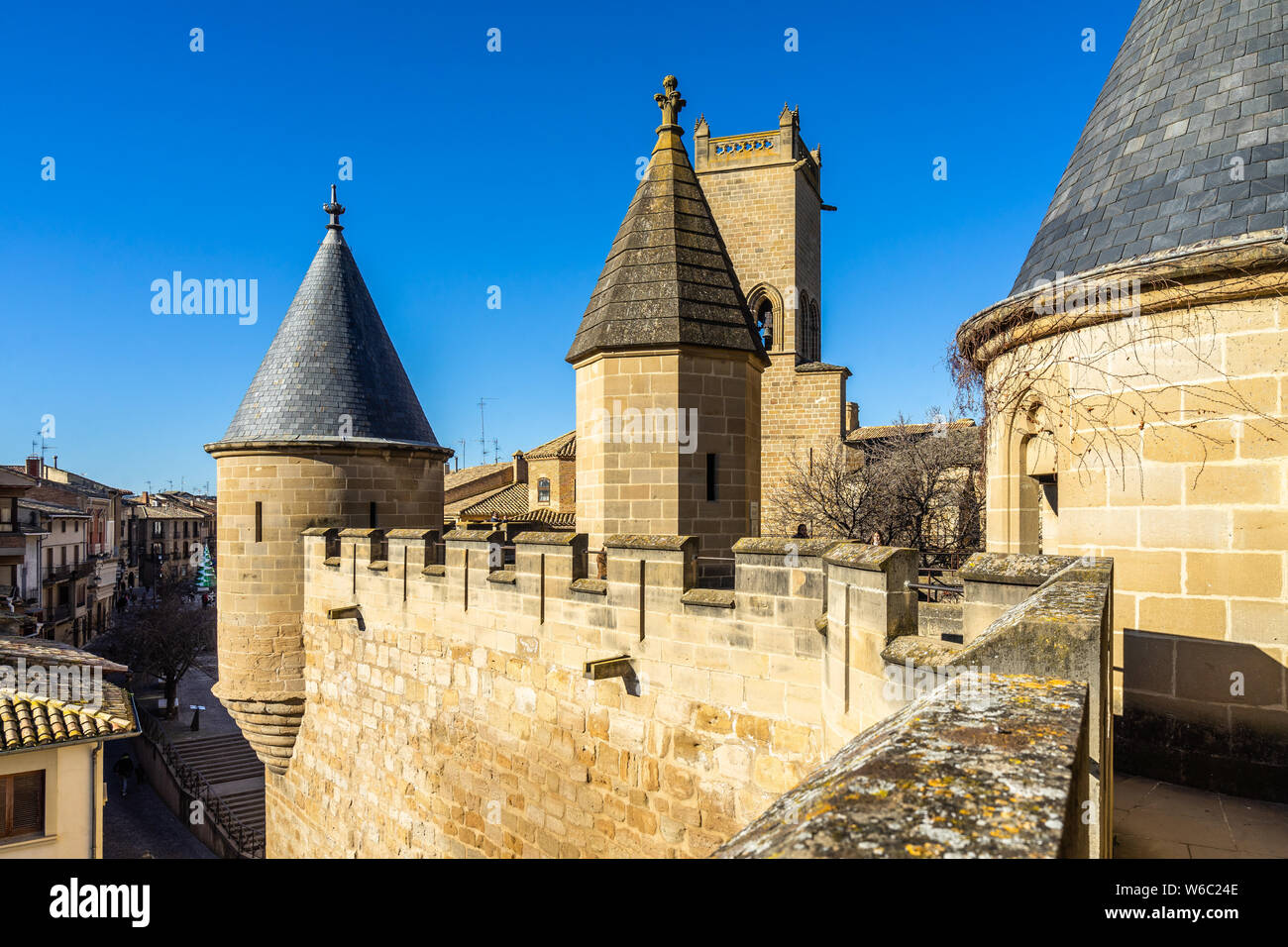 Walls and towers part of the Palacio Reale de Olite, a medieval castle ...