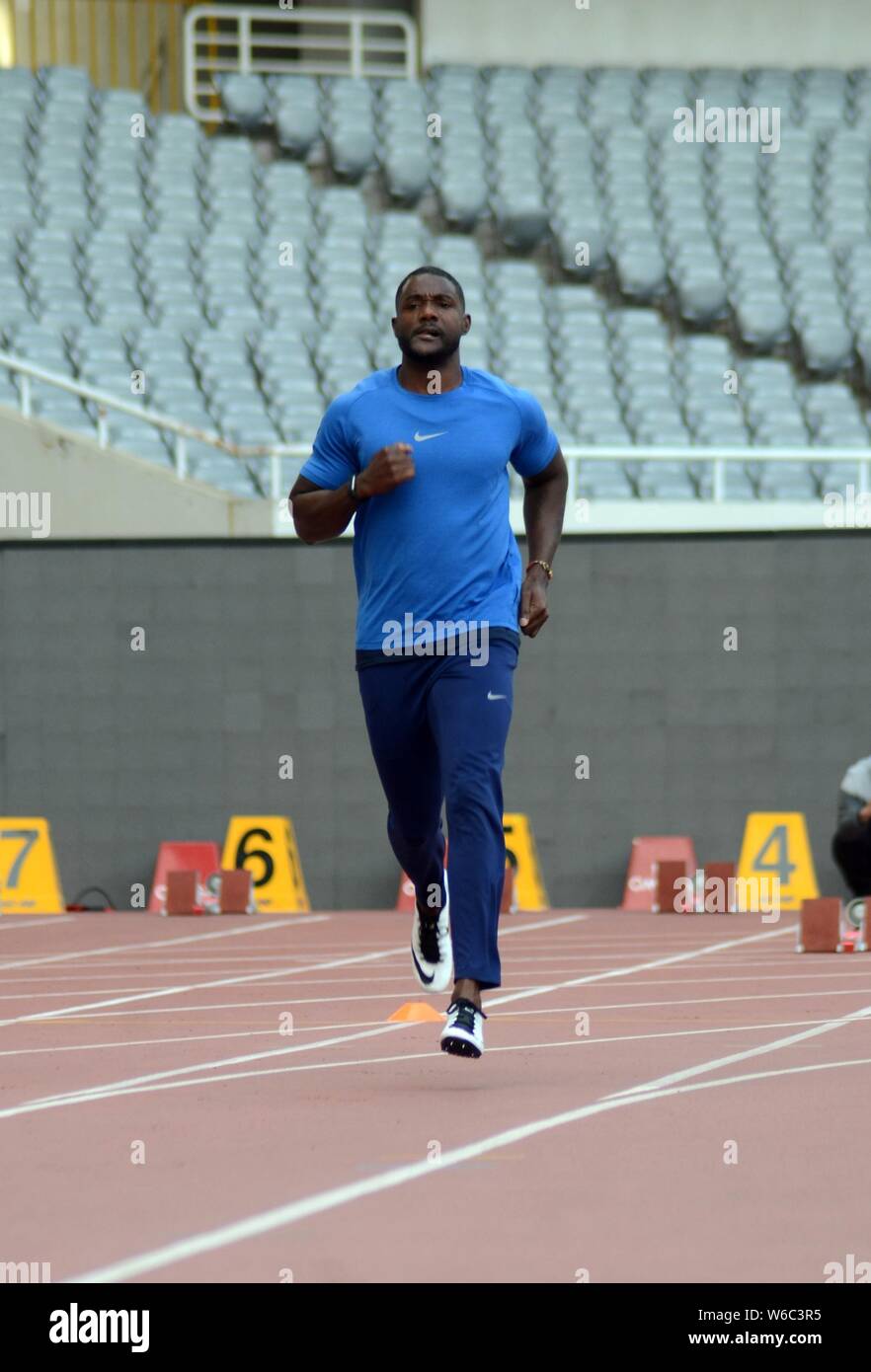 American sprinter Justin Gatlin takes part in a training session for ...