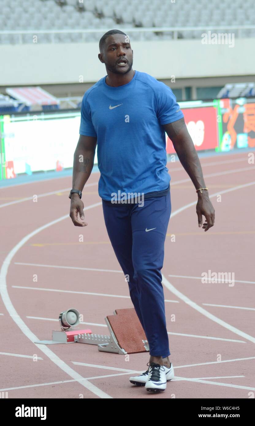 American sprinter Justin Gatlin takes part in a training session for ...
