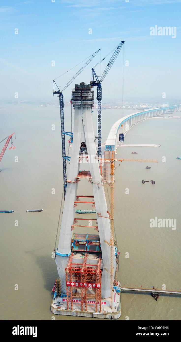 Aerial view of the construction site of the No.28 main pier of the ...