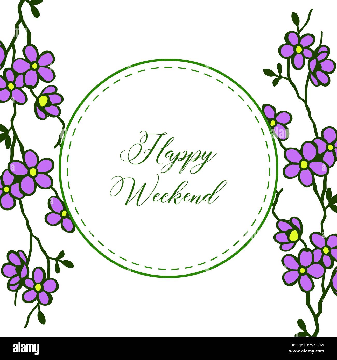 Modern frame, card happy weekend, bright purple flower. Vector ...