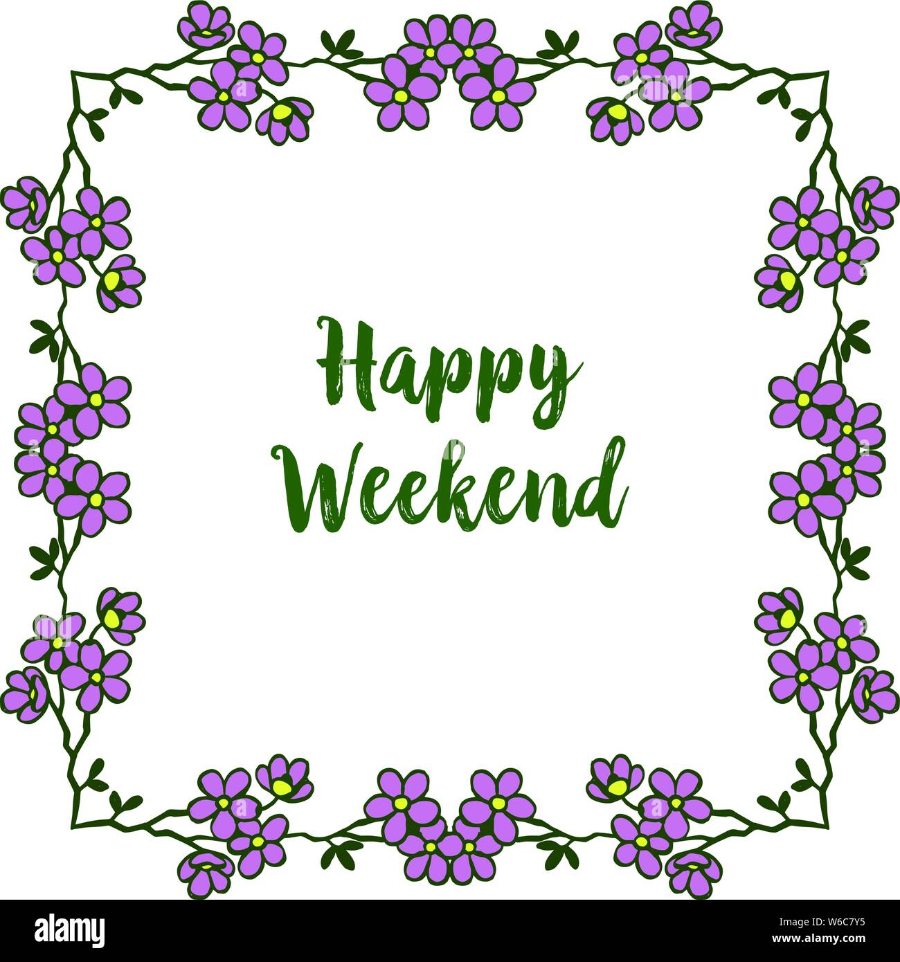 Banner happy weekend, decoration cute purple floral frame. Vector ...