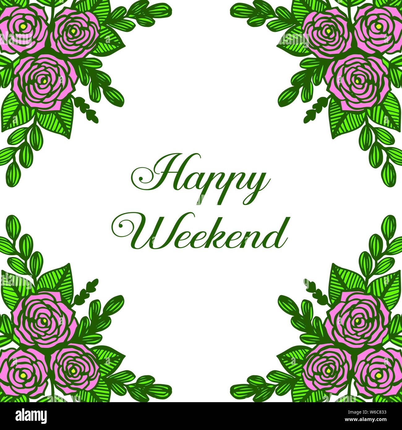 Poster and design element, happy weekend, green leafy flower frame ...
